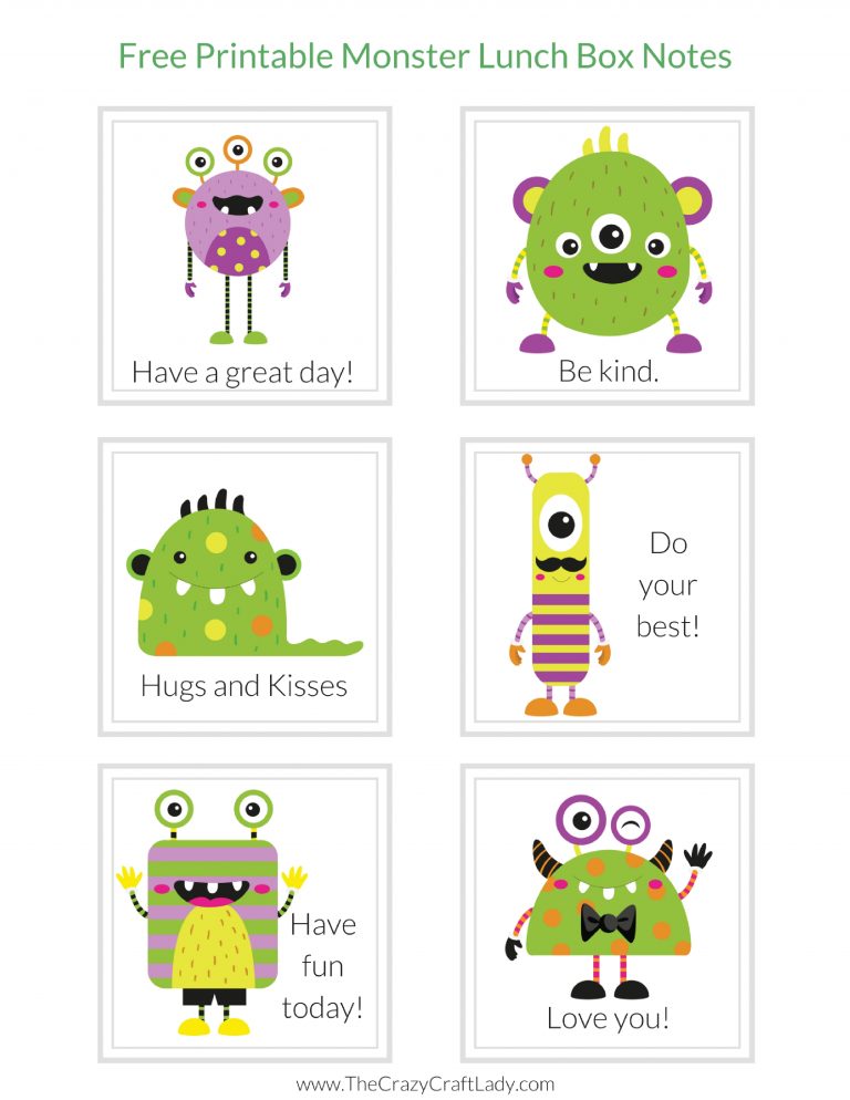 FREE Printable Monster Lunch Box Notes - The Crazy Craft Lady